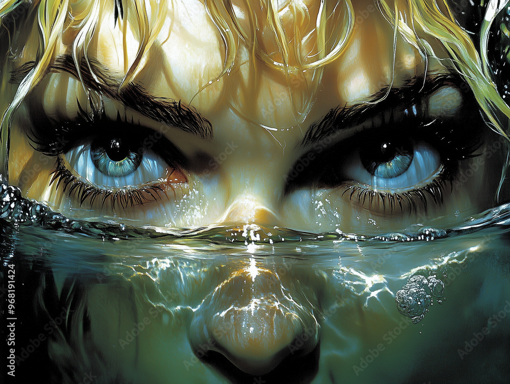 ntense gaze, woman’s eyes, submerged face, water reflection, mysterious ...