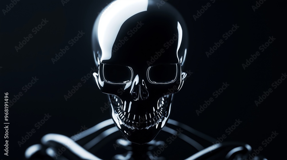 Chrome skeleton staring with empty sockets on a black background, a ...