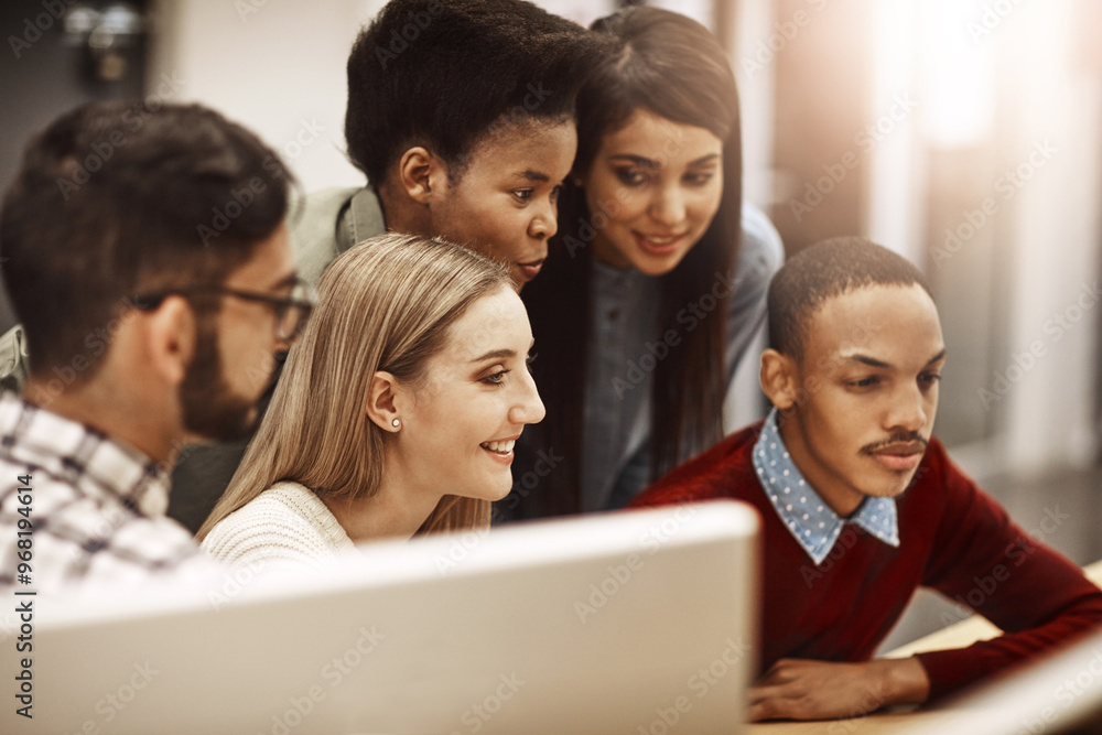 Computer, smile and students at library for research, knowledge and ...