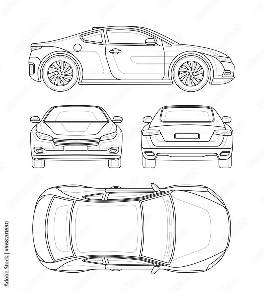Hybrid car template. Linear blueprint of compact sedan or electric car ...