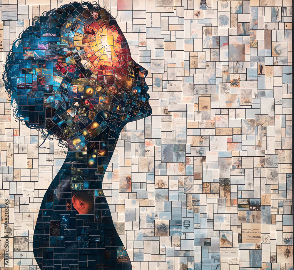 Abstract digital art: A portrait formed from a mosaic of diverse images ...