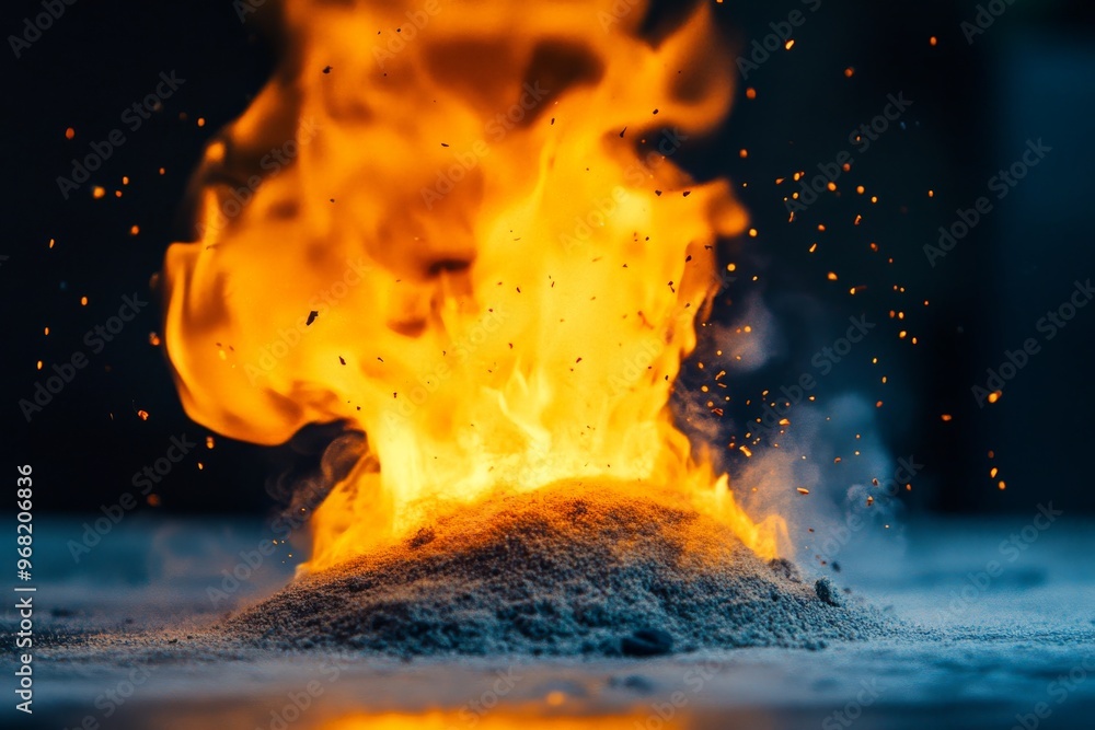 An image portraying intense flames and sparks erupting from a sand pile ...