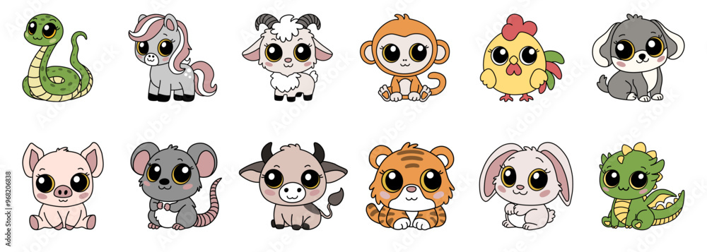 Twelve zodiac animals Chinese New Year signs icons set. Asian kawaii ...