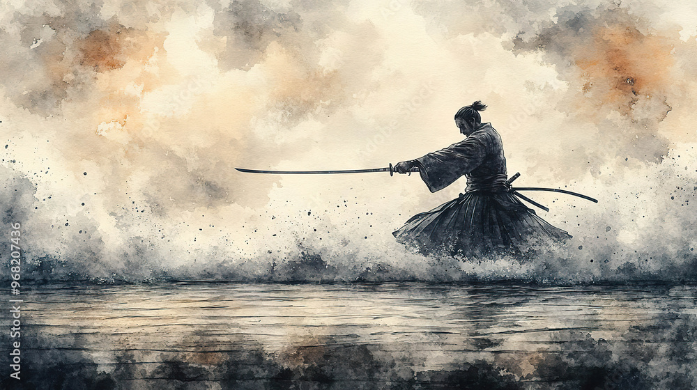 A watercolor painting of a samurai warrior holding a katana sword, with ...