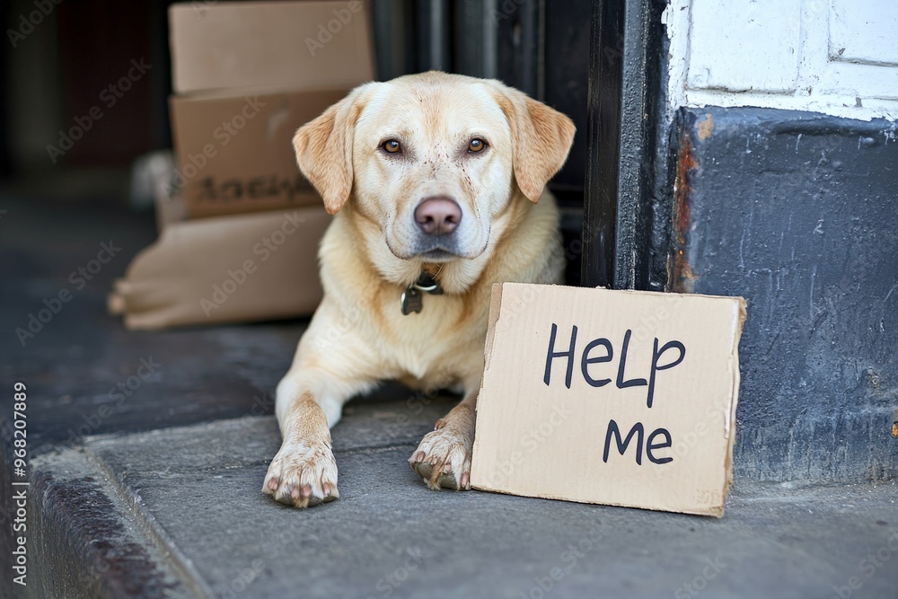A sad-looking Labrador dog lying on a doorstep holding a cardboard sign ...