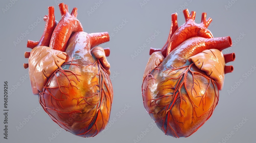 Anatomical illustration of the human heart from two angles highlighting ...