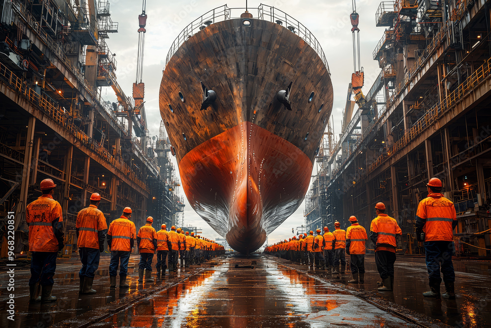 Workers in a shipyard constructing a large cargo vessel, showing the ...