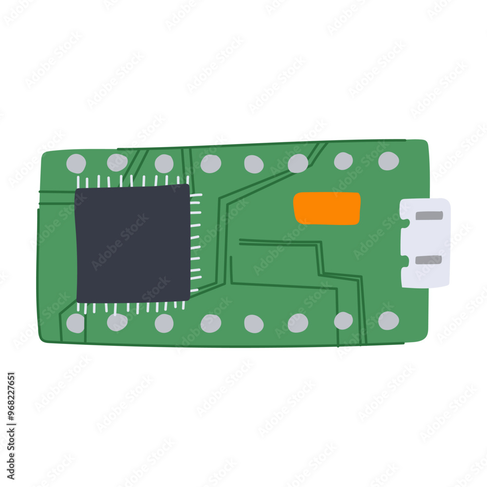technology microcontroller cartoon. electronic computer, semiconductor processor, microchip ...
