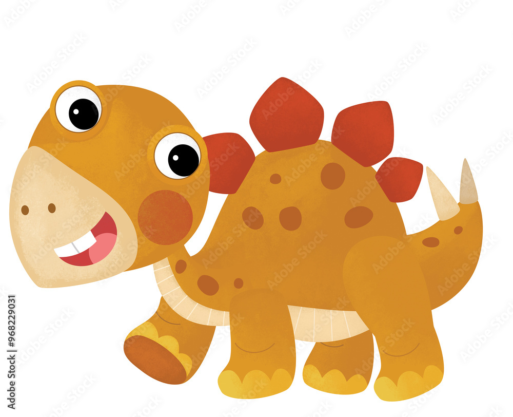 cartoon scene with happy prehistoric animal stego stegosaurus dino dinosaur smiling and walking ...