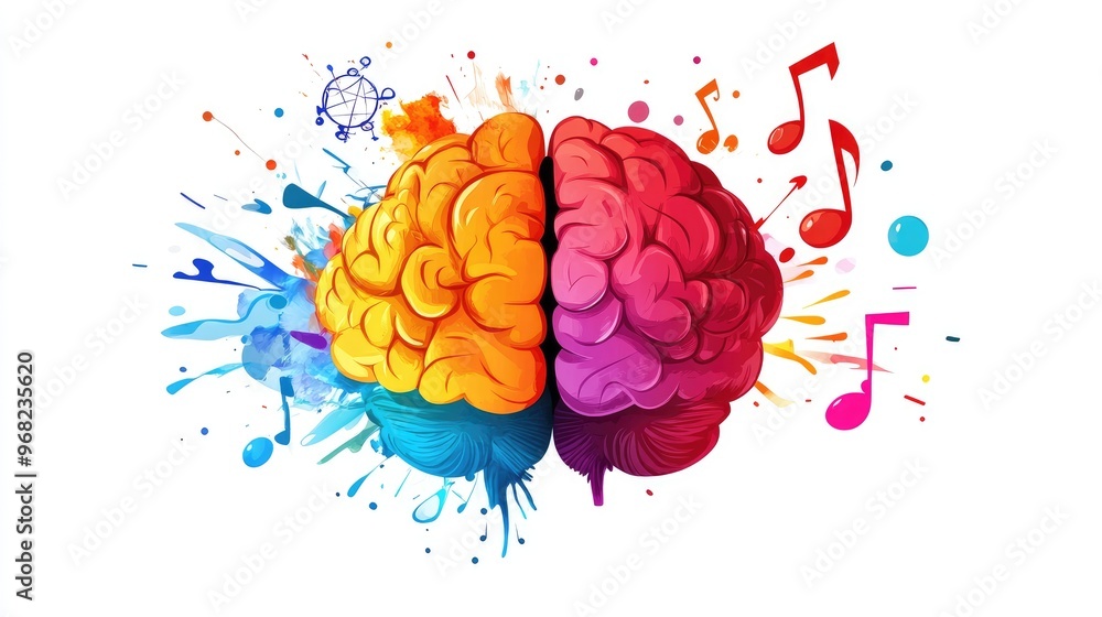 Colorful split-brain illustration with left side showing math and logic ...