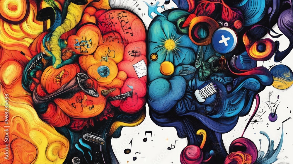 Colorful split-brain illustration with left side showing math and logic ...