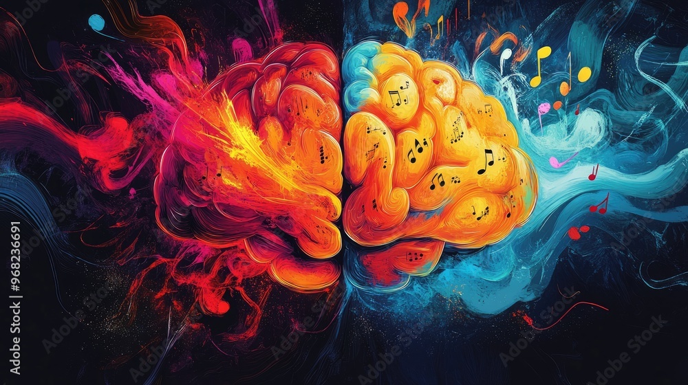Vibrant split-brain illustration showing the left brain's logical side ...