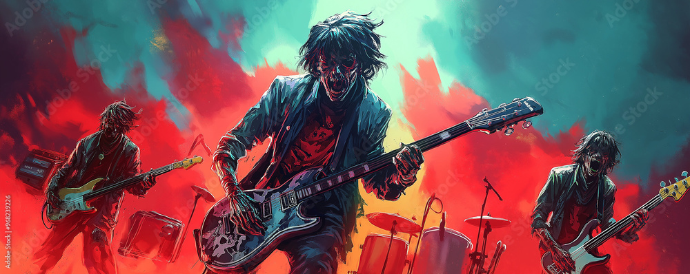 Illustrate a group of zombies in a rock band setting, complete with ...