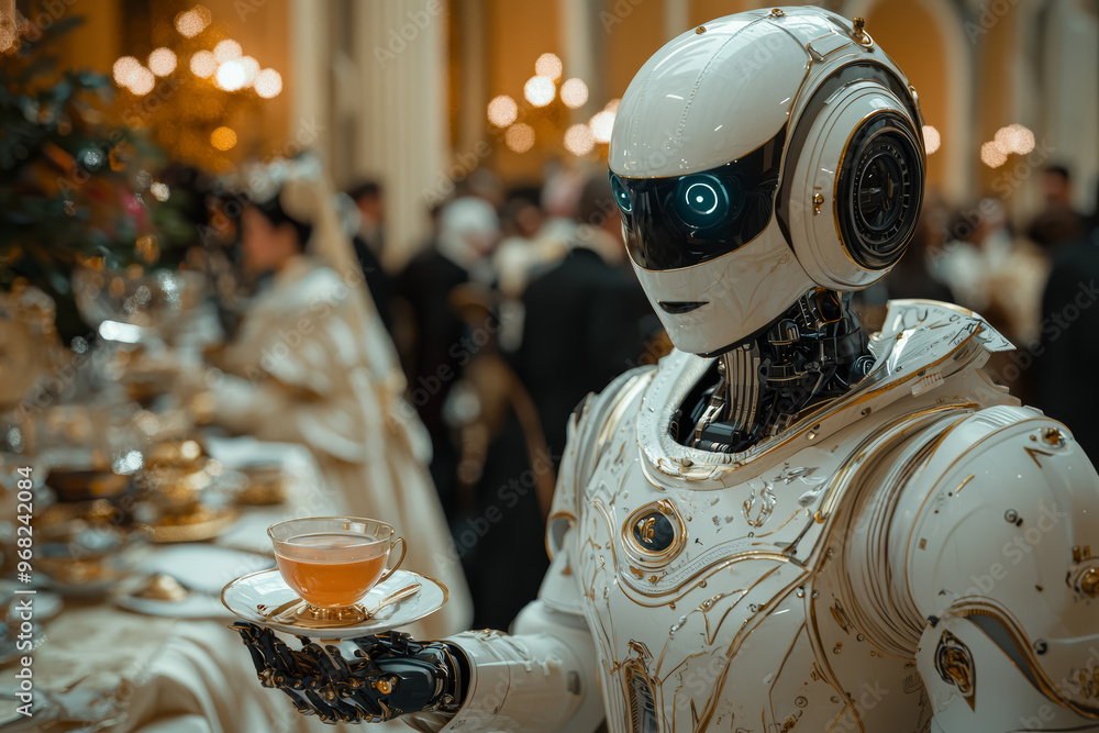 A high-tech, robotic butler serving tea to a group of Victorian-era ...