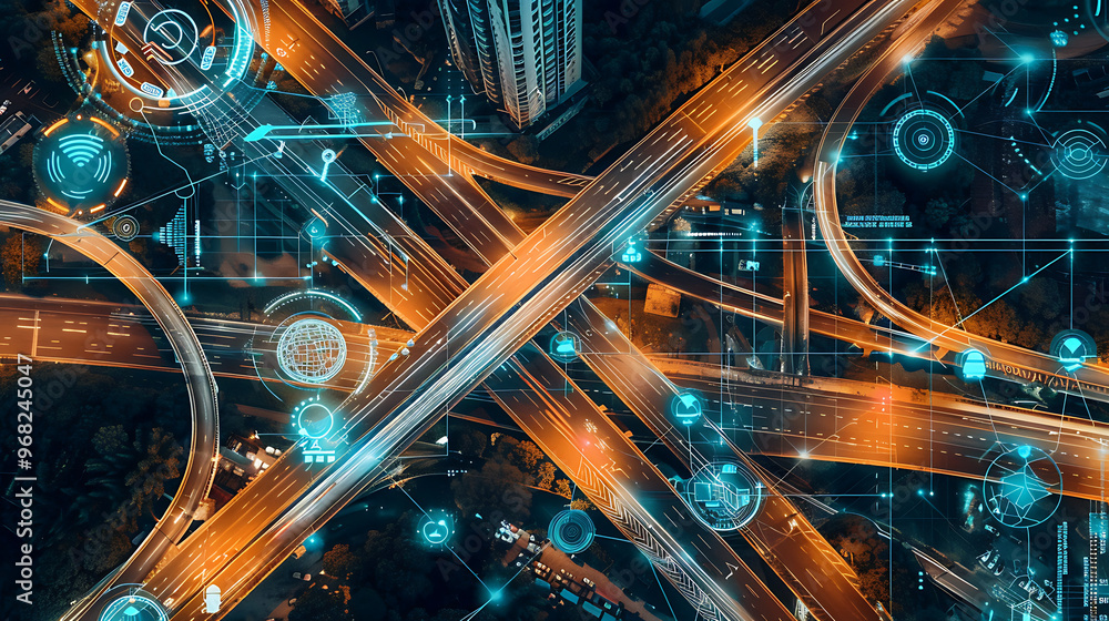 an aerial view of a complex highway interchange with multiple levels ...