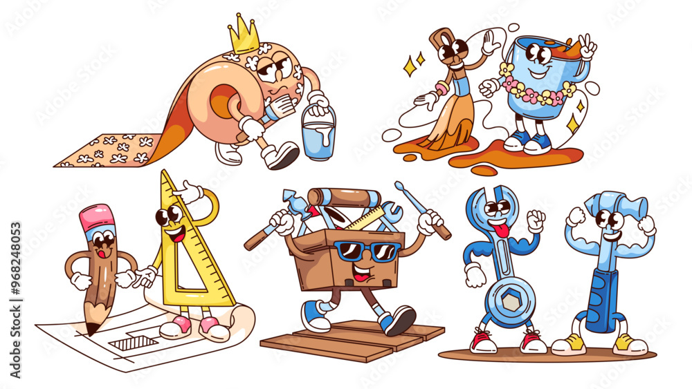 Groovy construction tools cartoon characters set. Funny retro paint and ...