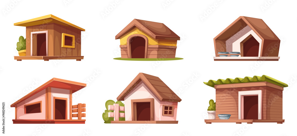 Doghouses set, cartoon wooden dogs kennels. Funny houses made of wood ...