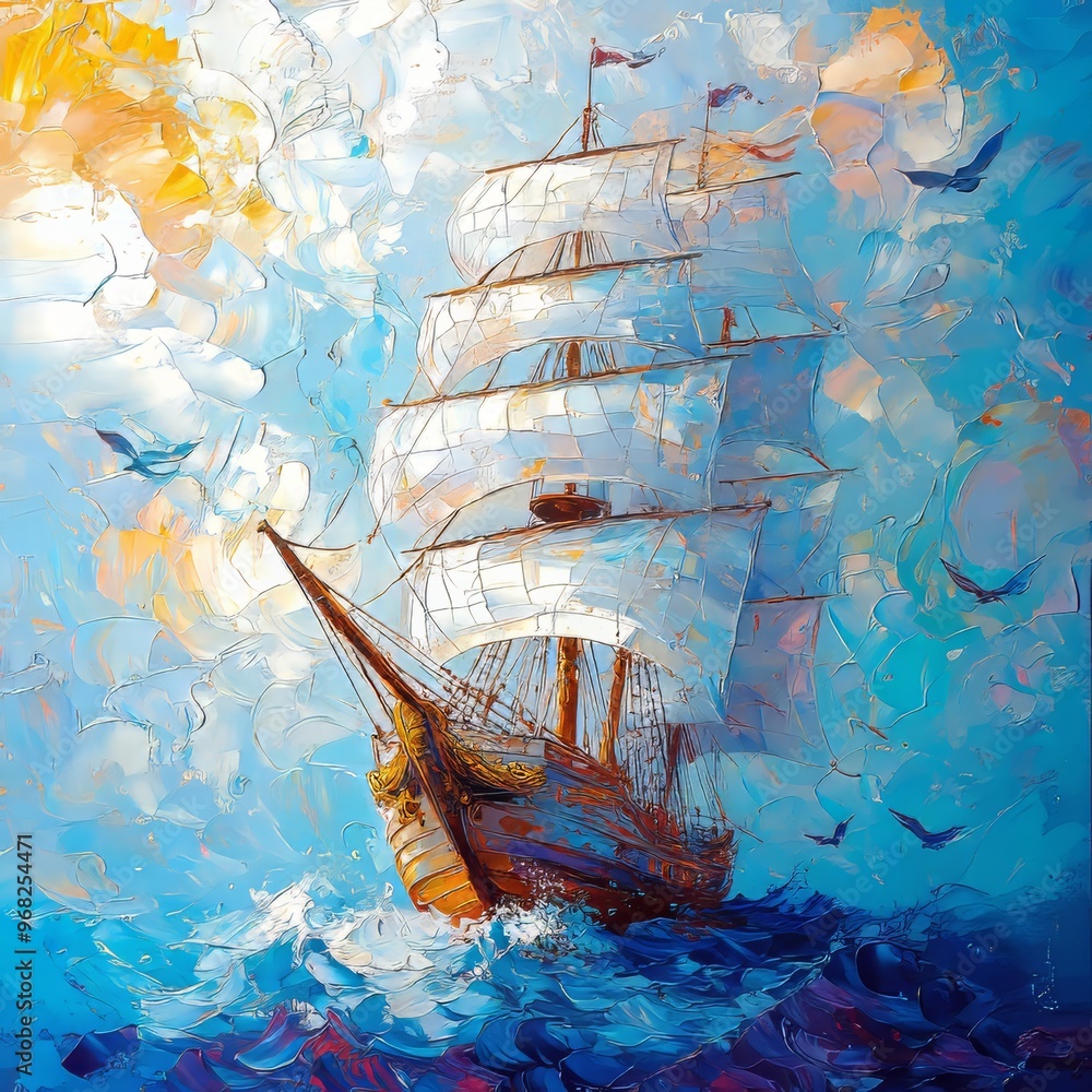 In the Middle Ages, a large medieval sailing ship sails the seas at ...