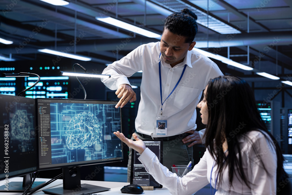 Team of data researchers using AI tech to do checkup in server room providing storage ...