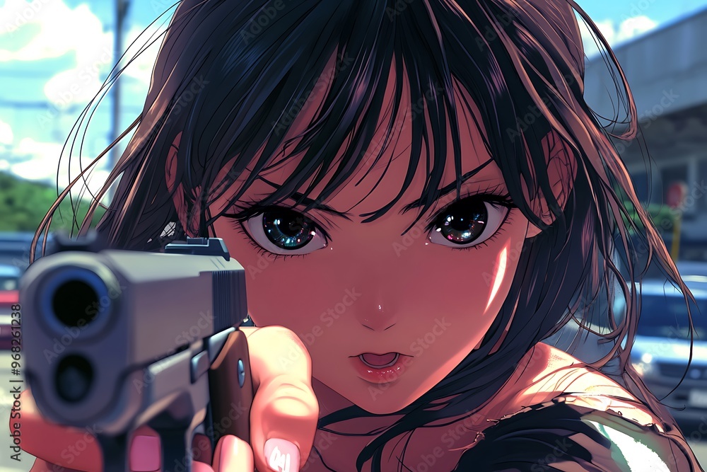 Anime girl holding a gun with a serious expression. Artwork concept of ...