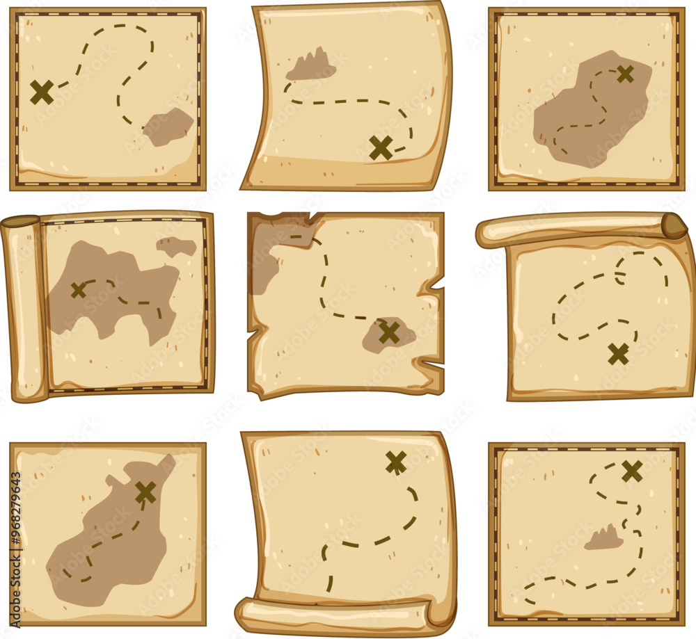 nautical map set cartoon. maritime ocean, sea coastline, compass ...