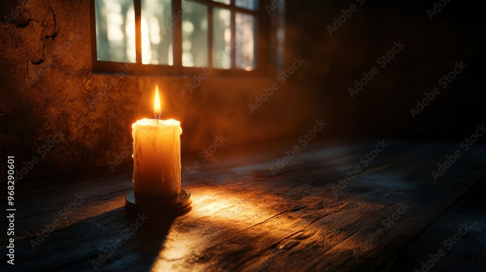 A candle burning in a dimly lit room, with the flame providing the only ...