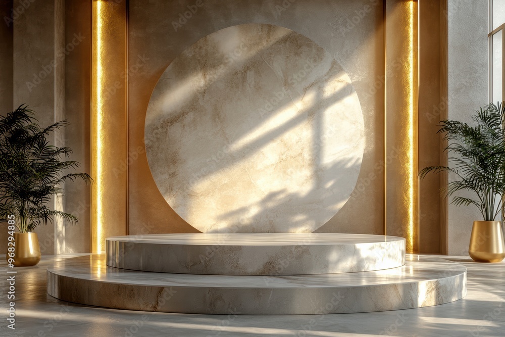 Elegant interior showcasing a modern stage with circular backdrop and ...