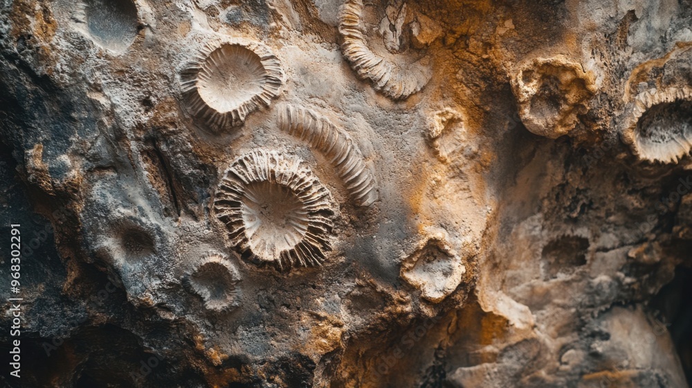 A close-up of fossils embedded in the walls of a cave, telling the ...