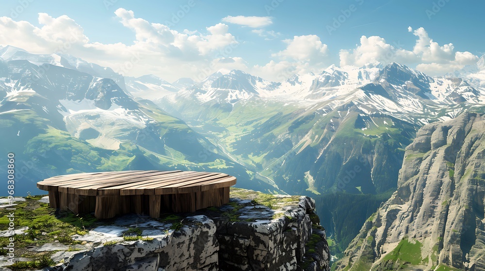 Elevated wooden podium on a mountain ledge with dramatic panoramic ...