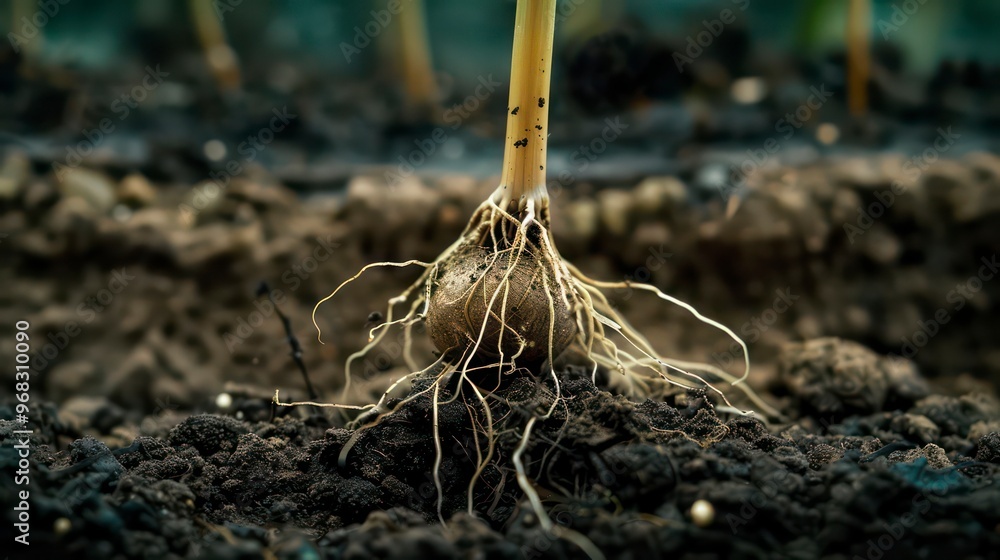 seed in the dirt with visible roots, about to sprout. This underground ...
