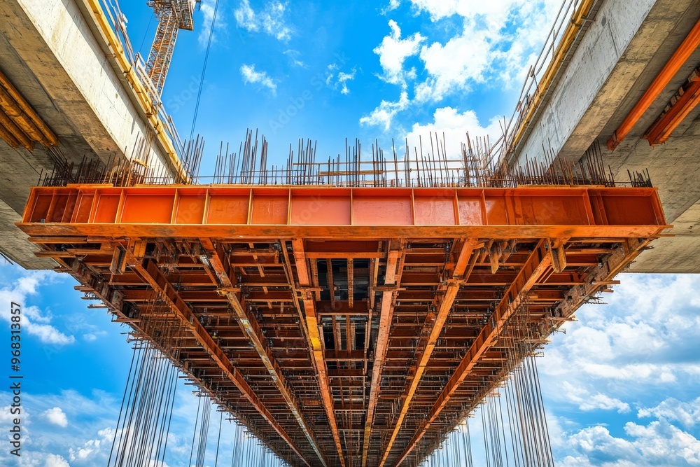 Construction of a modern highway bridge with steel beams and suspended ...