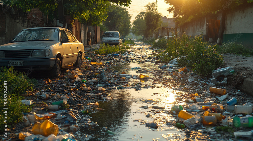 polluted river contaminated by industrial chemical waste, with murky ...