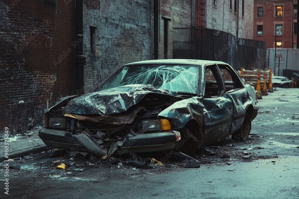 Crumpled car aftermath collision scene in urban environment with ...