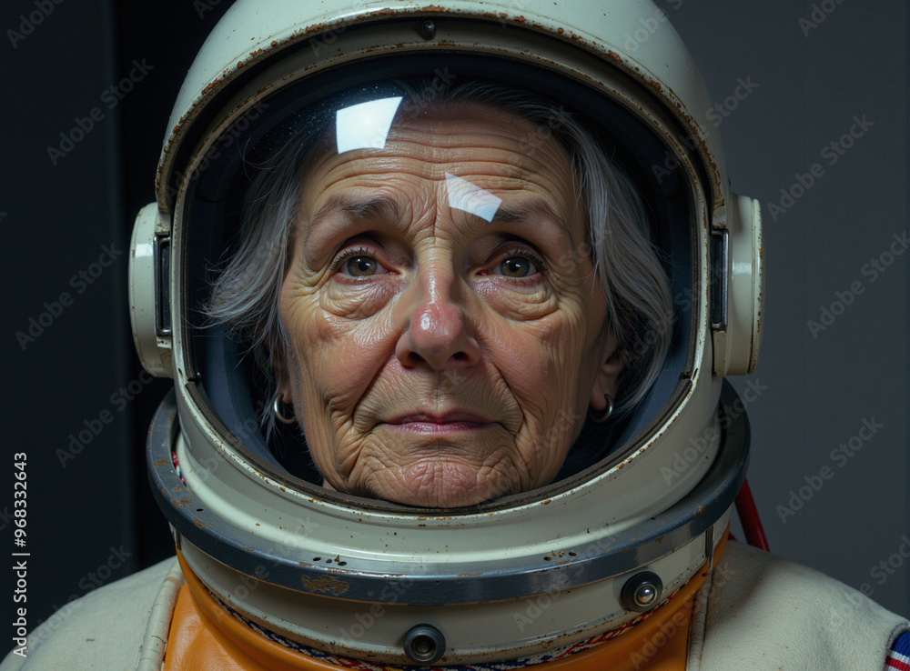 This image shows an elderly woman in a retro-style astronaut suit ...