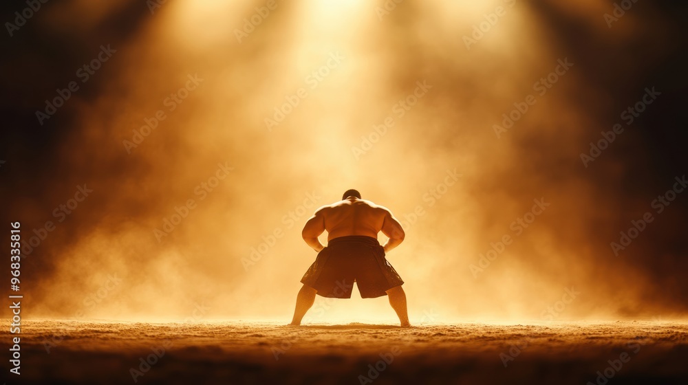 A powerful sumo wrestler stands strong under dramatic lighting ...