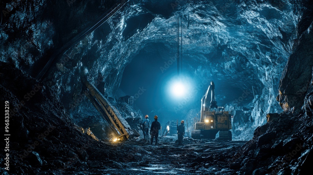 Mining workers using jackhammers and drills in a rocky underground mine ...