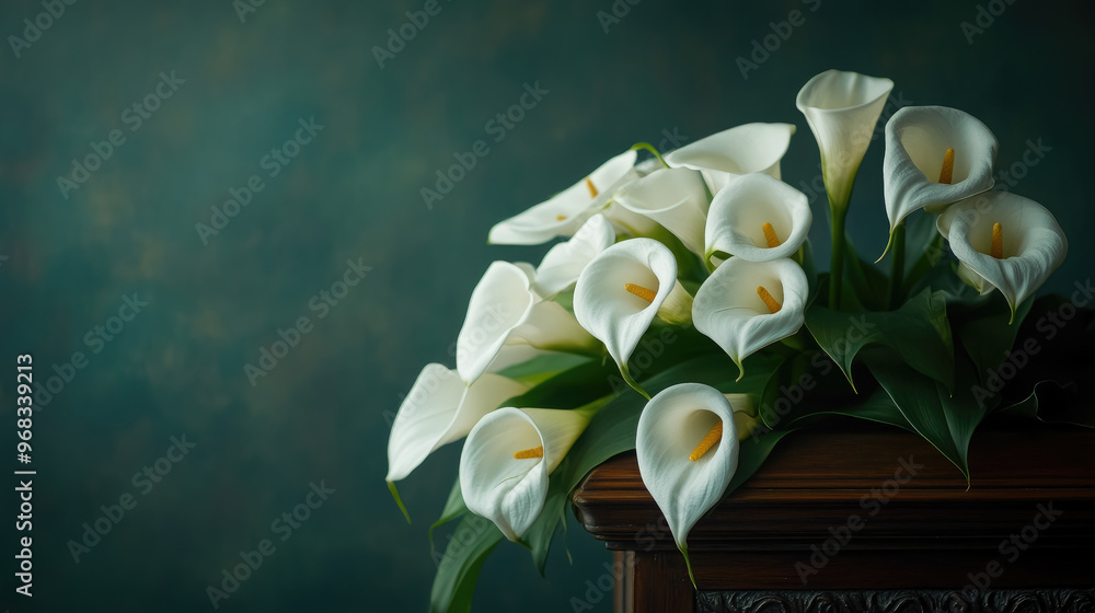 white calla lilies on coffin at funeral ceremony in church, death ...