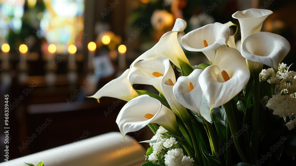 white calla lilies on coffin at funeral ceremony in church, death ...