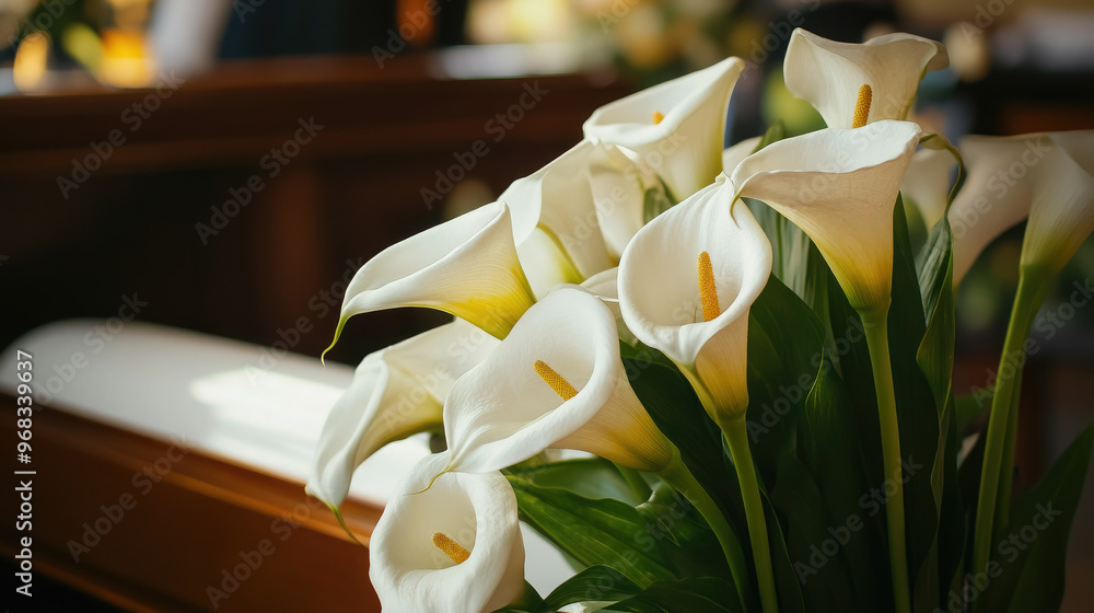 white calla lilies on coffin at funeral ceremony in church, death ...
