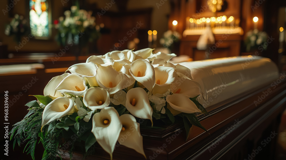 white calla lilies on coffin at funeral ceremony in church, death ...