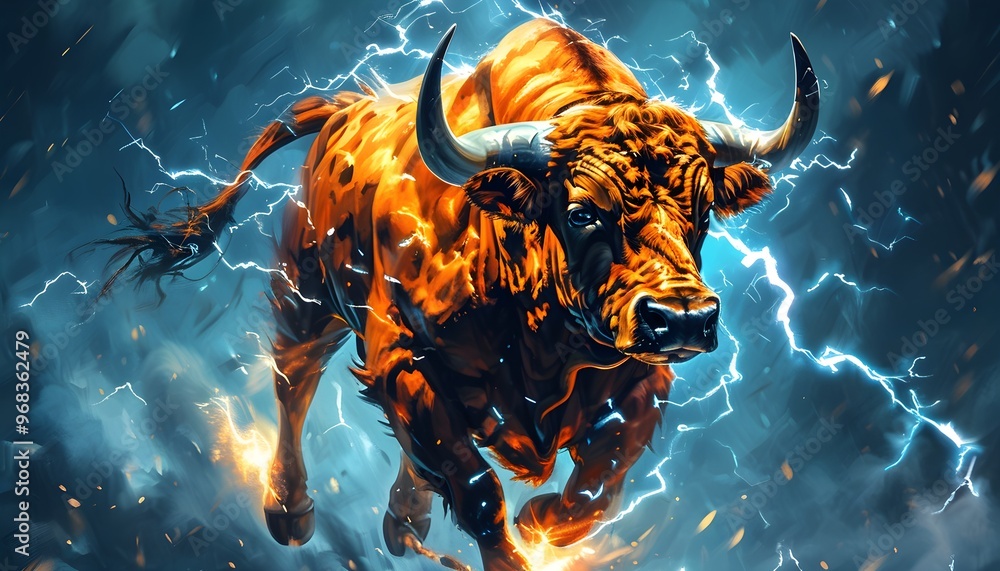 Majestic bull enveloped in striking lightning, embodying strength ...