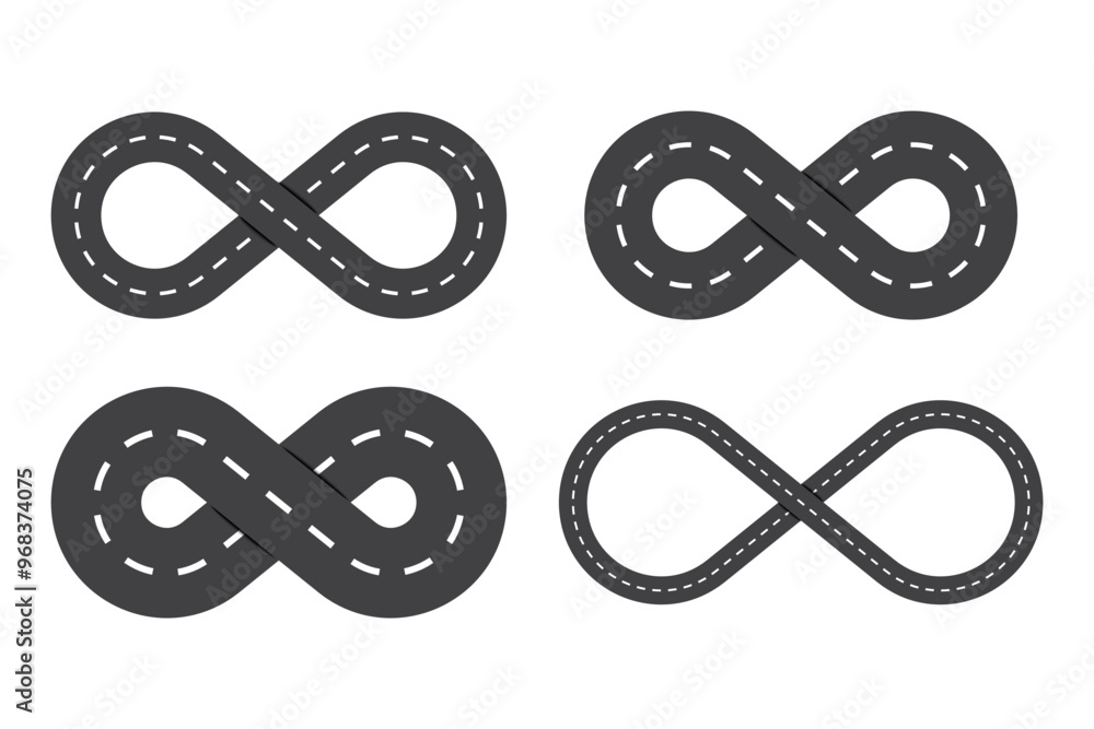 Infinity loop road icons. Set of highway symbols. Black infinity shapes ...