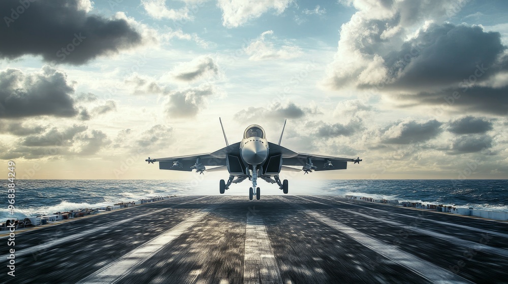 A fighter jet poised for takeoff on an aircraft carrier with a dramatic ...