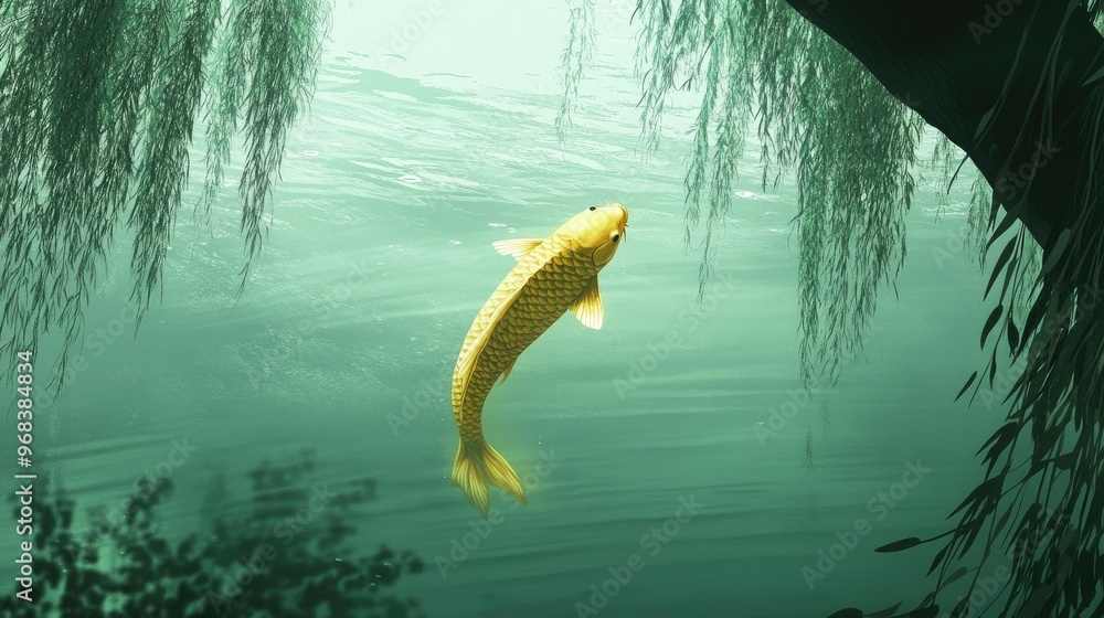 Golden Koi Fish Swimming Through Green Water Under Weeping Willow Tree ...