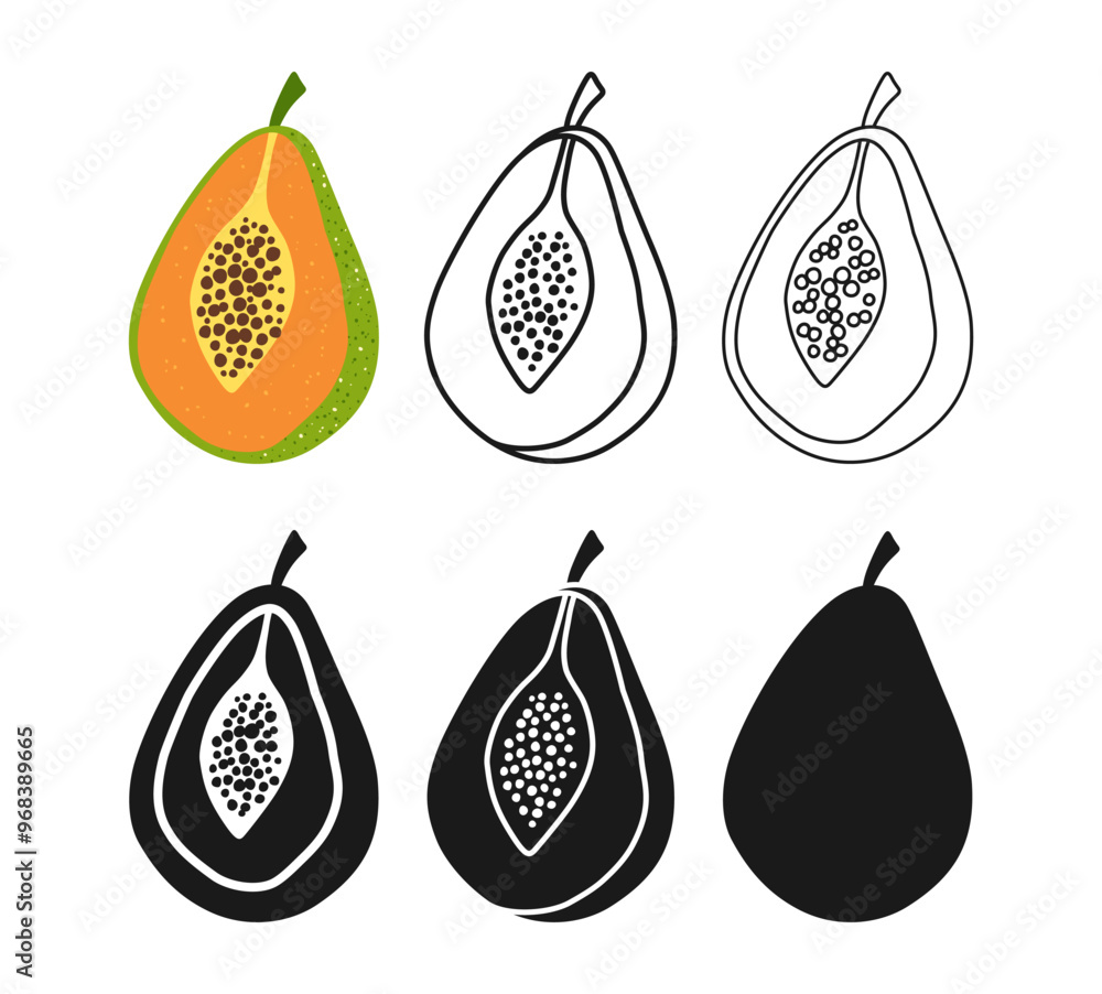 Papaya fruit symbol cartoon set. Juicy half papaya linear doodle icon ...