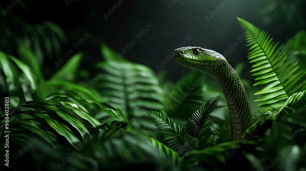 King Cobra rearing up in a dense jungle, its hood flared, surrounded by ...