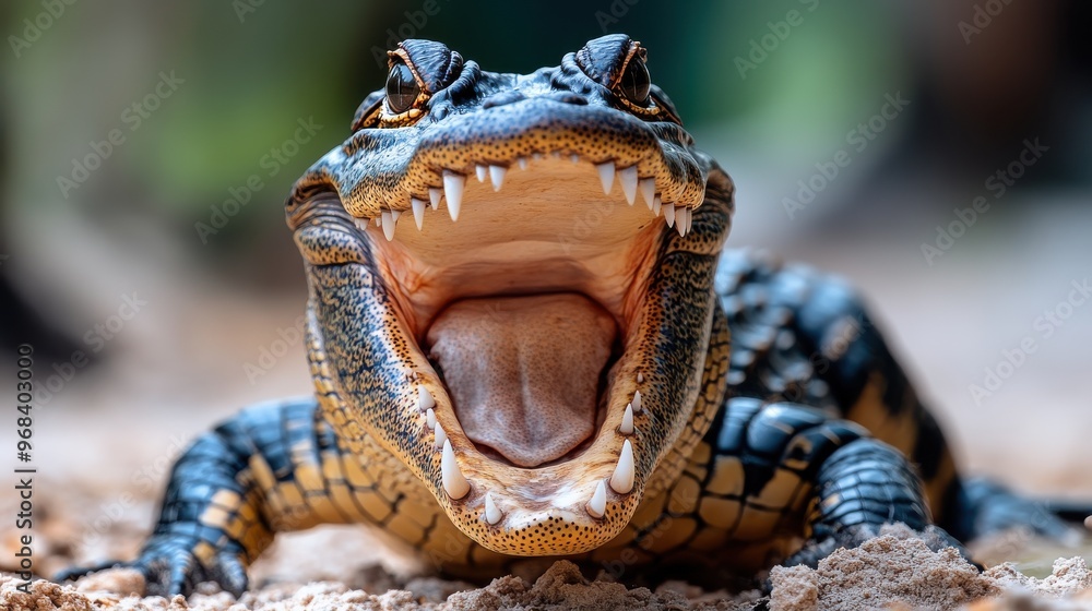 Alligator mid-roar with its mouth open wide on a white background ...