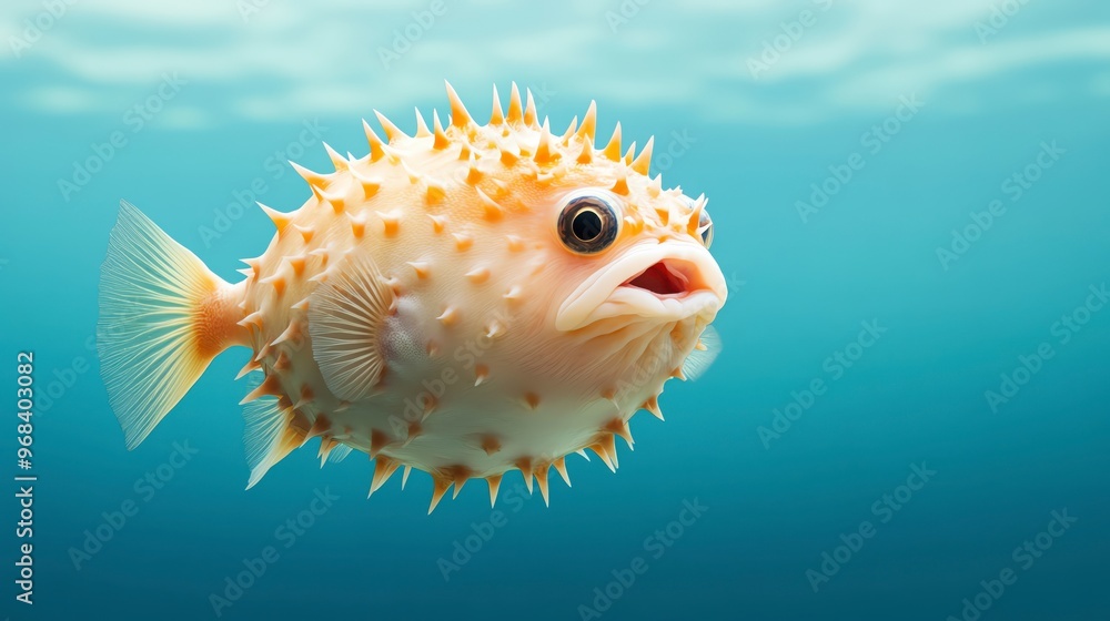 Pufferfish Fugu inflated and floating in a tranquil ocean scene, with ...