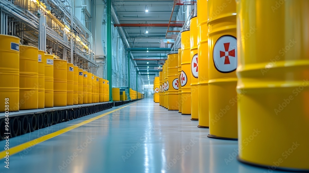 Secured Facility with Rows of Radioactive Material Storage Drums and ...