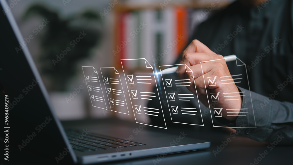 Assessment survey form concept. Businessman takes filling the form ...